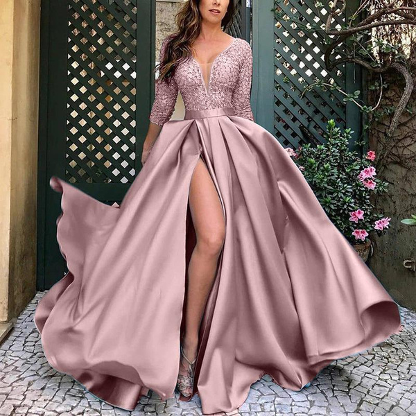 Women's Elegant Deep-V Lace Evening Prom Dress with Pocket Long Satin 3 ...