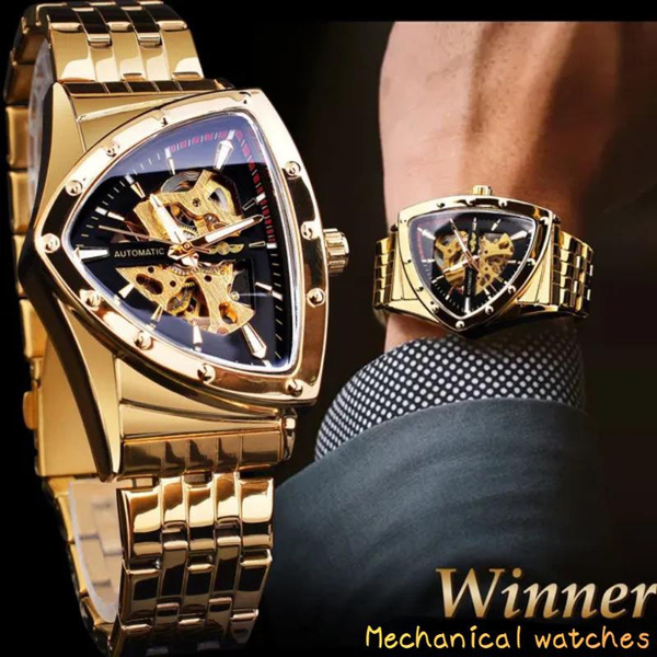 Winner Golden Stainless Steel Watch Design Mens Triangle Skeleton ...
