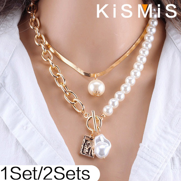 KISMIS 1Set/2Sets Retro New Copper Snake Chain Necklaces Baroque Pearl ...
