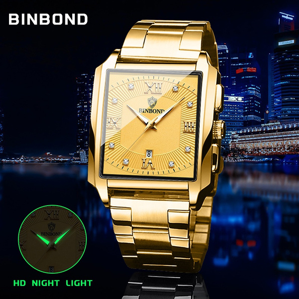 Men's Fashion Binbond Gold Men's Watches Luxury Original Stainless Steel Waterproof Square Male ...