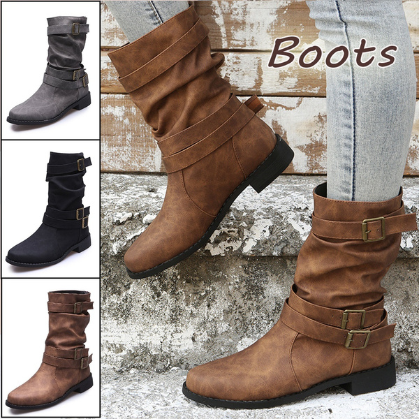 Women's Buckle Leather Mid-Calf Boots Ladies Low Heel Leather Boots ...