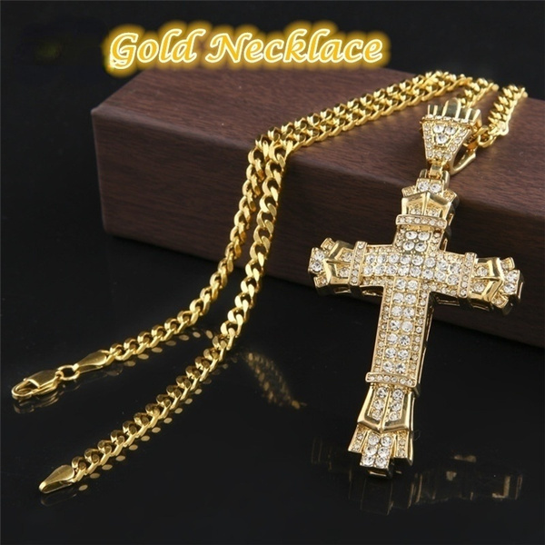 14k Yellow Gold Big Jesus Cross Pendant With Long Chain, 52% OFF