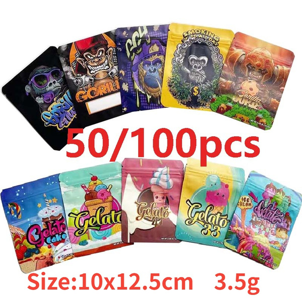 50/100pcs 3.5g Empty Mylar Bag Cookies Gorilla Face Smellproof Ziplock ...