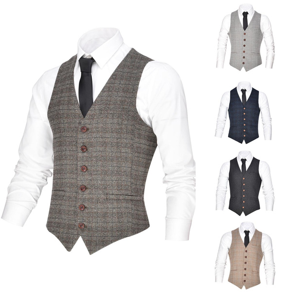 VOBOOM Men's Plaid Waistcoat Vest Gilet Business Leisure Slim Fit Vests ...