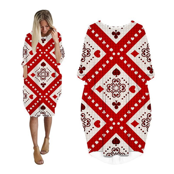 poker print midi dress pocket batwing woman dresses plus size long ...