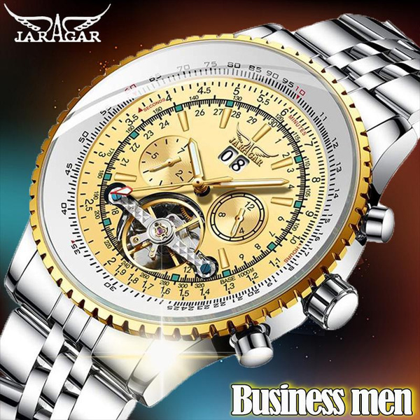 Jaragar Classic Tourbillon Men Mechanical Watch White Automatic Calendar Big Dial Stainless ...