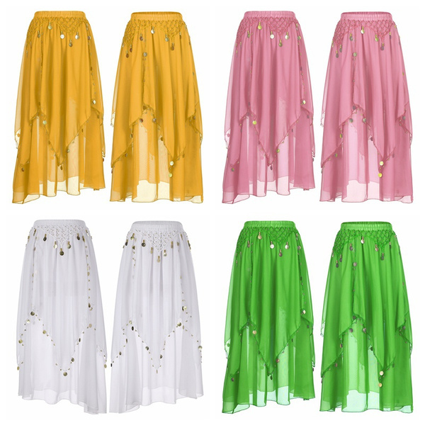 Women Girl Side Split Asymmetric Belly Dance Chiffon Dance Skirt for ...