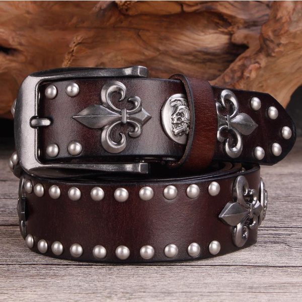 Luxury Metal Rivet Cowboy Belt Top Grain Genuine Leather Cowhide Men ...