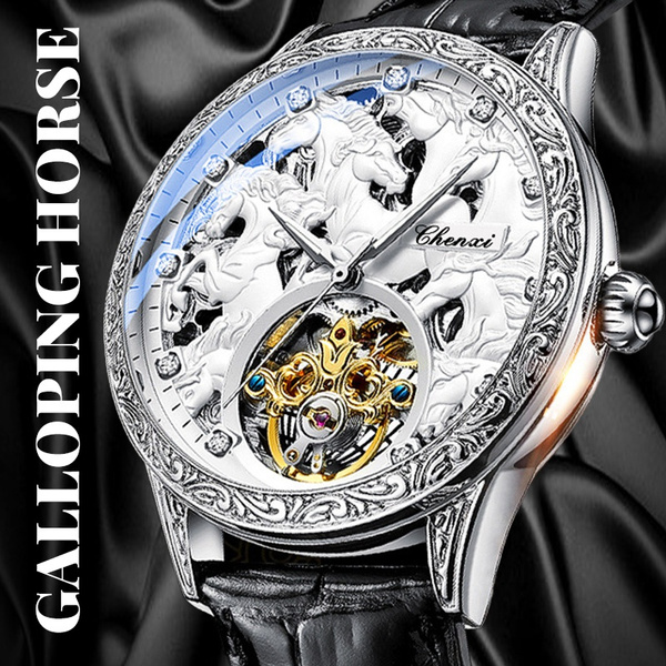 Tourbillon Watch Noble Men's SilverLuxury Horse Carved Moon Phase Self ...