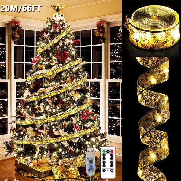 20M/66ft 200LED Ribbon Fairy Lights Gold Christmas Ribbon Lights Light ...