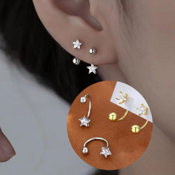 1pair Stainless Steel Crystal Star Ear Studs Earring Women Helix Studs ...