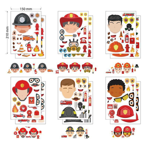 12 Sheets DIY Firefighter Sticker Kids Puzzle Games Party Supplies ...