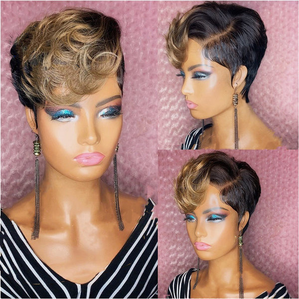 Ombre Blonde Color Short Bob Pixie Cut Wig with Bang Wave Way Wig for ...