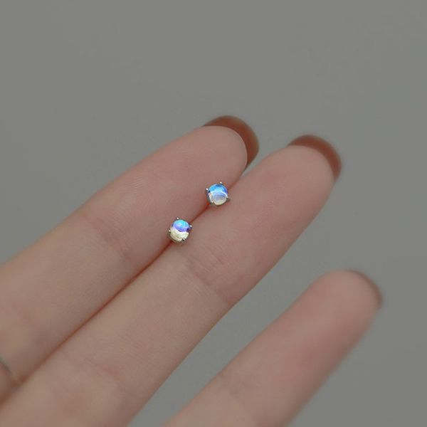 Tiny 925 Sterling Silver Round Moonstone Stud Earrings for Women Girl | Wish