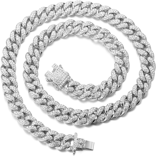 Women Mens Cuban Link Chain Gold Silver Bling Miami Cuban Necklace ...