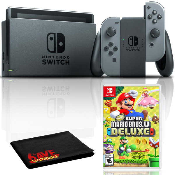 Nintendo Switch (Gray) Bundle with New Super Mario Bros U Deluxe + 6Ave ...