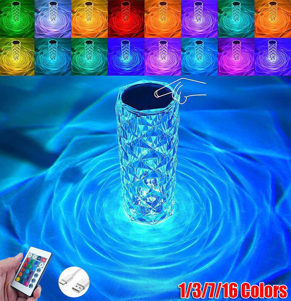 LED Crystal Table Lamp Rose Light Projector 1/3/16 Colors Touch ...