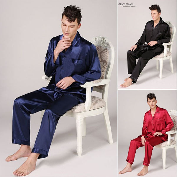 Fashion Men's Stain Silk Pajama Set Men Pajamas Silk Sleepwear Man Sexy ...