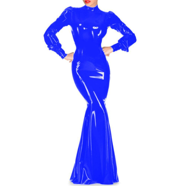 Women Sexy Fetish PVC Mermaid Ruffles Midi Dress Faux Latex Leather ...