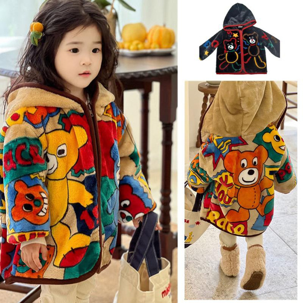 Super Cute Bear Print Kids Flannel Hooded Zip Jacket | Wish