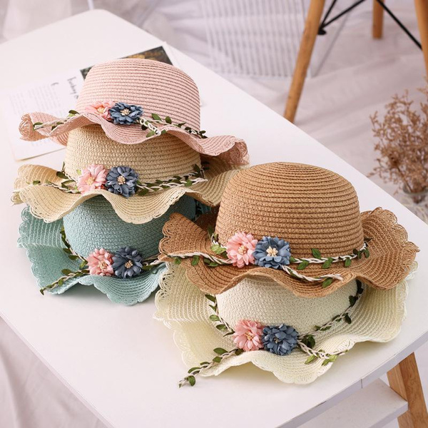 1 PC Summer Sun Hat Girls Kids Beach Hats Bags Floral Flower Straw Hats ...