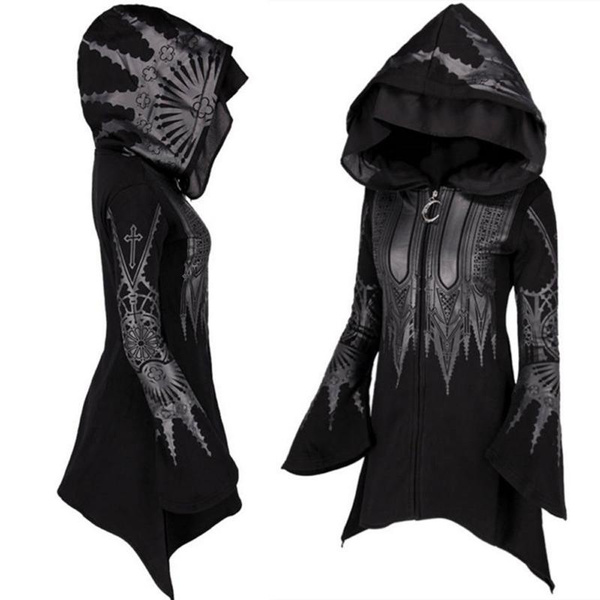 Women's Gothic Hoodie Jacket Street Goth Punk Style Black Long Hooded ...