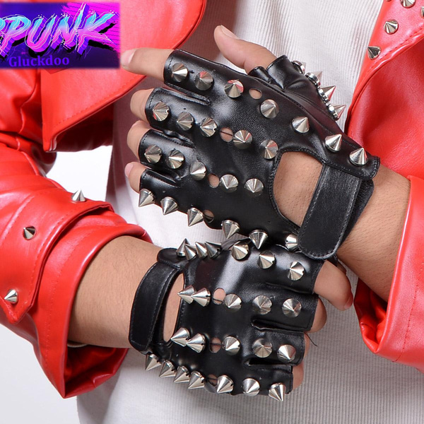 Punk Biker Spike Studded Rivets Leather Glove Fingerless Gloves Wrist ...