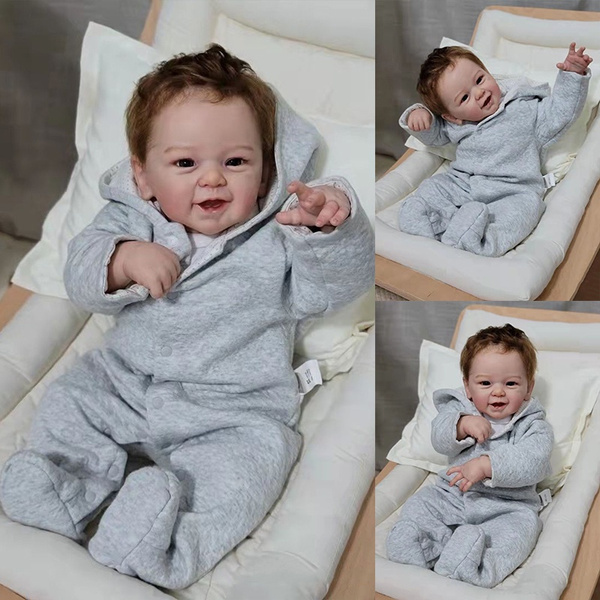 21 Inch Reborn Toddler Cute Smiling Face Baby Doll with Gray Jumpsuit ...