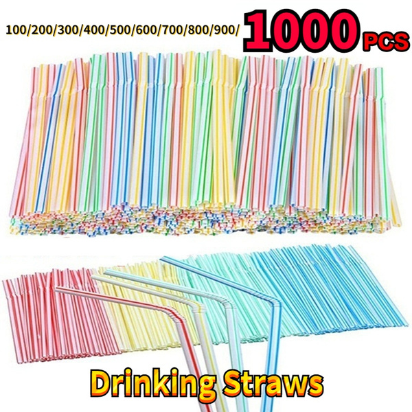 100-1000PCS Colorful Disposable Plastic Curved Drinking Straws Wedding ...