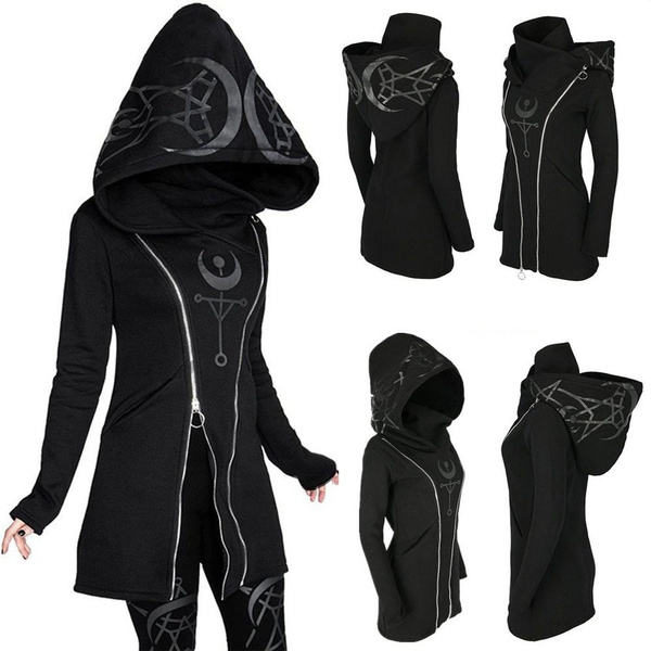 Women's Gothic Hoodie Jacket Street Goth Punk Style Black Long Hooded ...