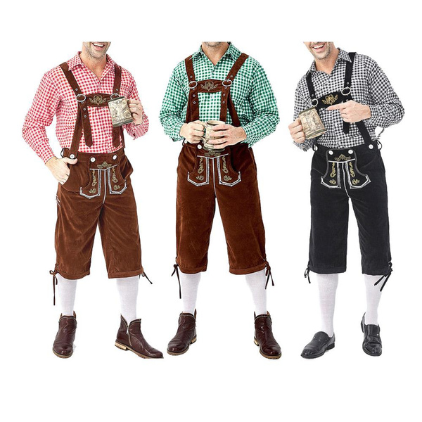New Mens Two Piece Plaid Shirt Tops+Dungaree Pants Sets Oktoberfest ...