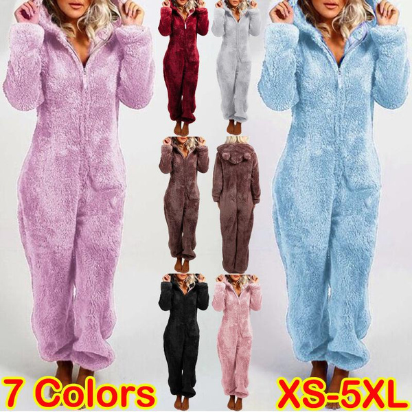 Fashion Women Fluffy Faux Fur Warm Pajamas Solid Color Winter Onesies ...