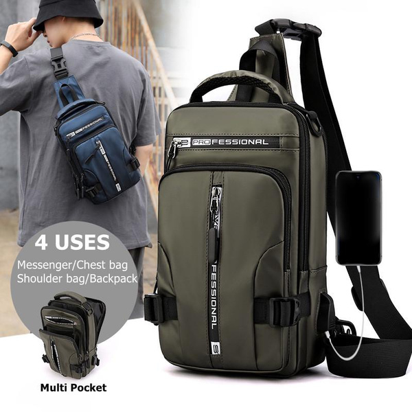 Men Nylon Backpack Rucksack Cross Body Shoulder Bag With USB Charging ...