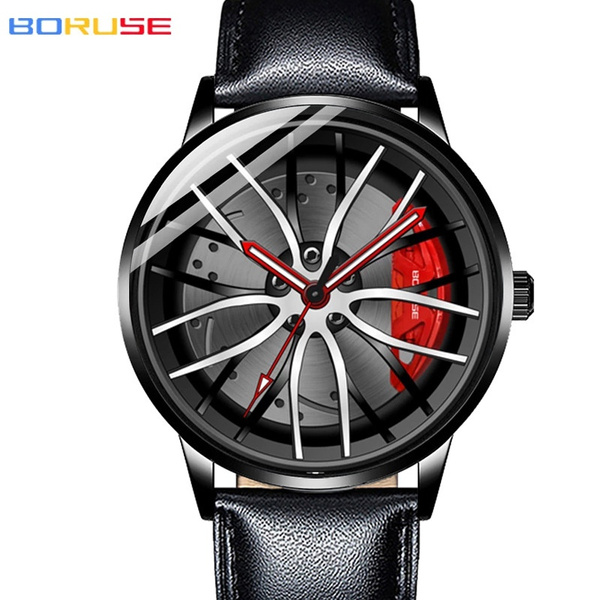 New Men Leather Strap Watches Men Car Wheel Hub Stainless Steel Quartz Watch for Mens Military ...