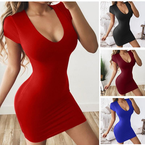 Womens Fashion Sexy Package Hip Solid Color Short Sleeved Dress Slim