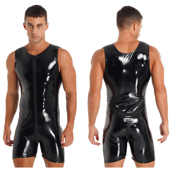 Mens One Piece Patent Leather Sleeveless Bodysuit Jumpsuit Boxers