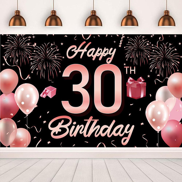Happy 30th Birthday Backdrop Banner Large Black and Rose Gold Balloon ...