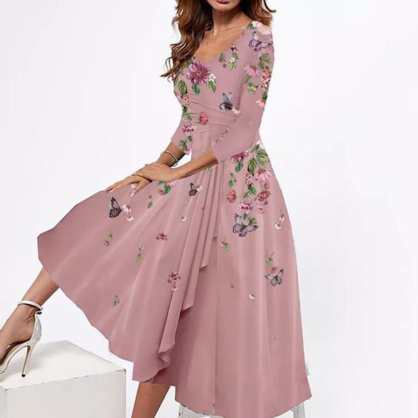 Women Elegant Fashion Fit Flare Midi Summer Polyester V-Neck Spandex ...