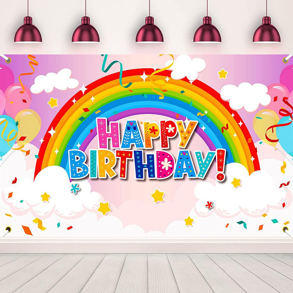 Rainbow Happy Birthday Backdrop Banner Rainbow Clouds Birthday Party ...