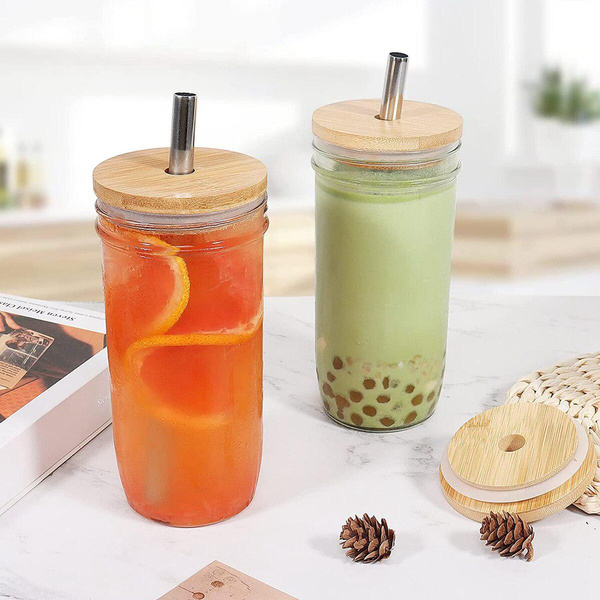 2pcs 600ml Reusable Straw Cup Mason Jar with Wooden Lid Bubble Tea Boba ...