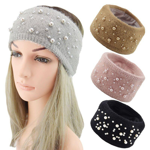 Knitted Women Headband Soft Crochet Solid Color Woolen Pearls Wide