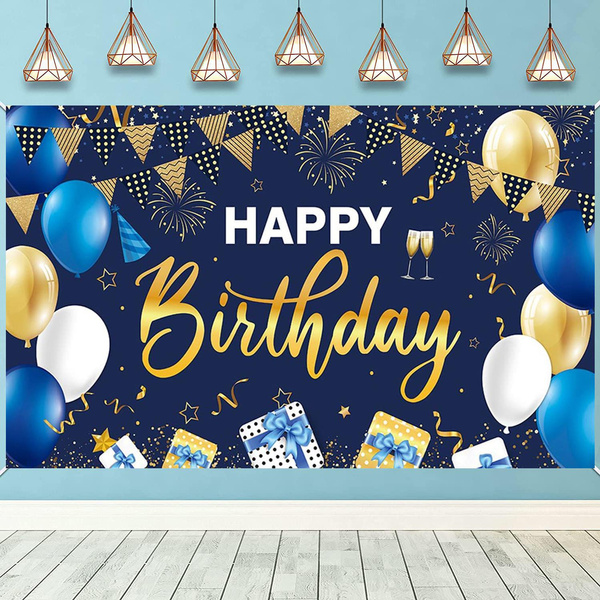 Navy Blue and Gold Happy Birthday Decorations Banner Birthday Party ...