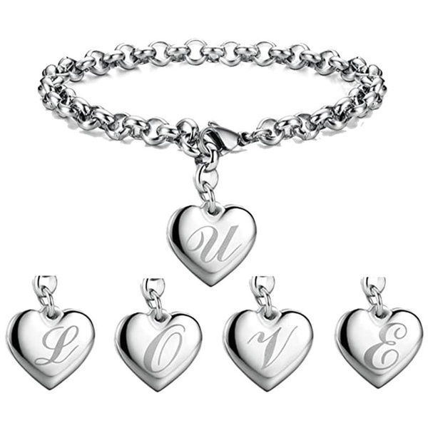 925 Sterling Silver Initial Letters Link Bracelets Heart A-Z Name ...