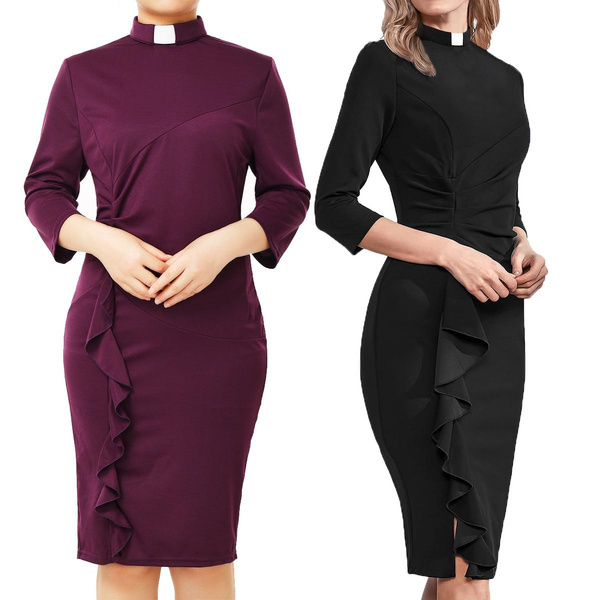 Catholic Church Women Clergy Tab Collar Dress Black Mass Pencil Dress ...