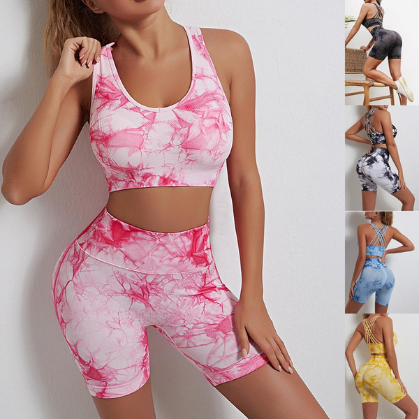 2Pcs Womens Ladies Sexy Tie Dye Yoga Suits Gym Fitness Sports Bra Crop Tops Leggings Shorts Sets ...