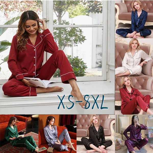 XS-8XL Womens Silk Satin Plus Size Pajamas Long Sleeve Loungewear Tops ...