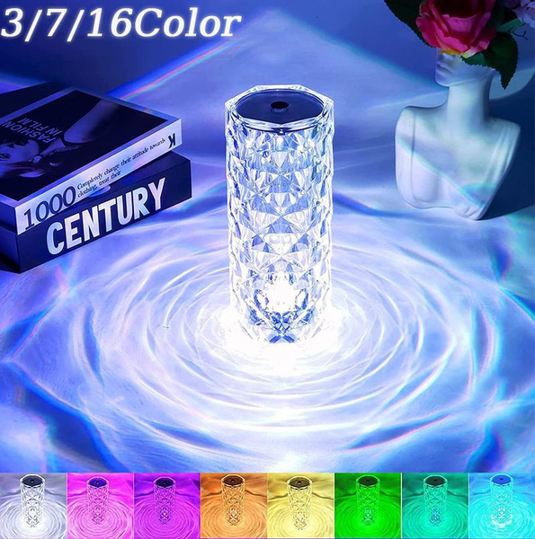 LED Crystal Table Lamp Rose Light Projector 3/7/16 Colors Touch ...