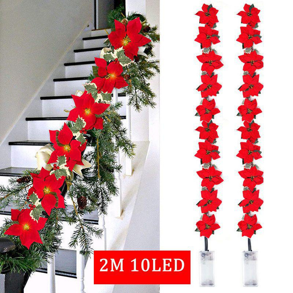 1/2Pcs Christmas Artificial Poinsettia Flowers Garland String Lights ...