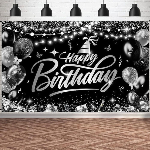 Black And Silver Happy Birthday Party Backdrop Silver Glitter Balloons