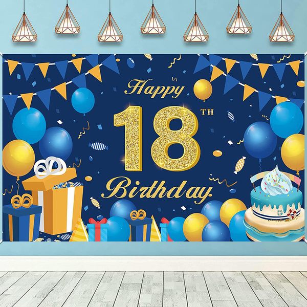 Blue Happy 18th Birthday Backdrop Banner 18 Years Old Girls Boys Balloons Backdrop Party ...